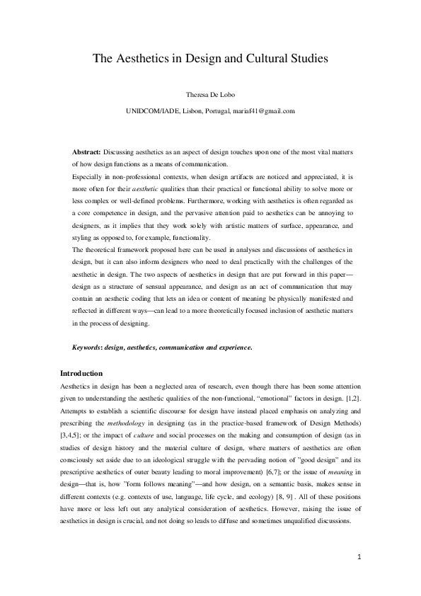 (PDF) The Aesthetics in Design and Cultural Studies | Theresa de Lobo ...