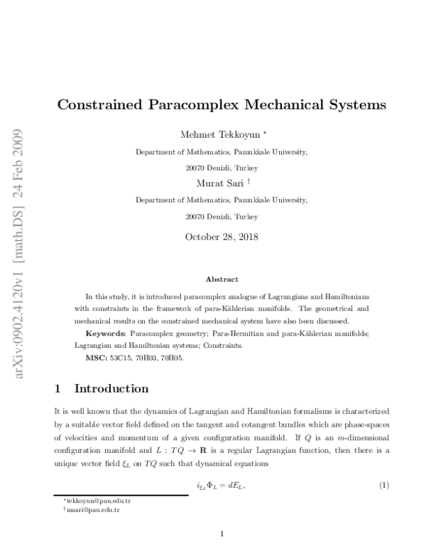 (PDF) Constrained Paracomplex Mechanical Systems