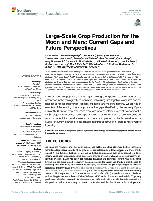 Pdf Large Scale Crop Production For The Moon And Mars Current Gaps And Future Perspectives