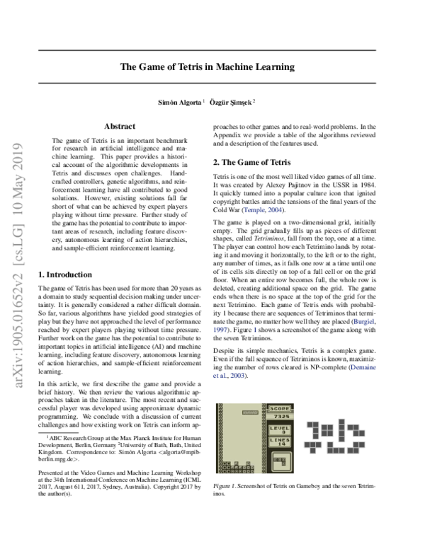 (PDF) The Game of Tetris in Machine Learning