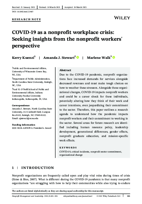 (PDF) COVID‐19 as a nonprofit workplace crisis: Seeking insights from ...
