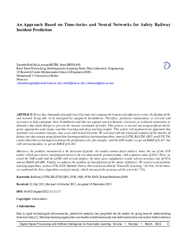 (PDF) An Approach Based on Time-Series and Neural Networks for Safety Railway Incident Prediction