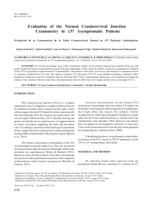 (PDF) Evaluation of the Normal Craniocervical Junction Craniometry in ...