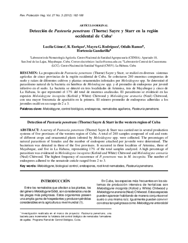 (PDF) Detección de Pasteuria penetrans (Thorne) Sayre y Starr en la ...