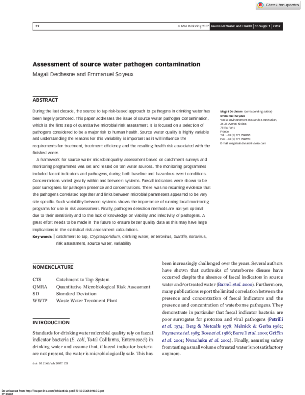 (PDF) Assessment of source water pathogen contamination