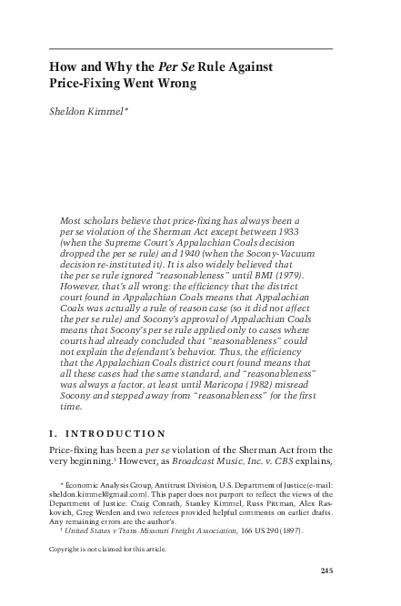 (PDF) How and Why the Per Se Rule Against Price-Fixing Went Wrong