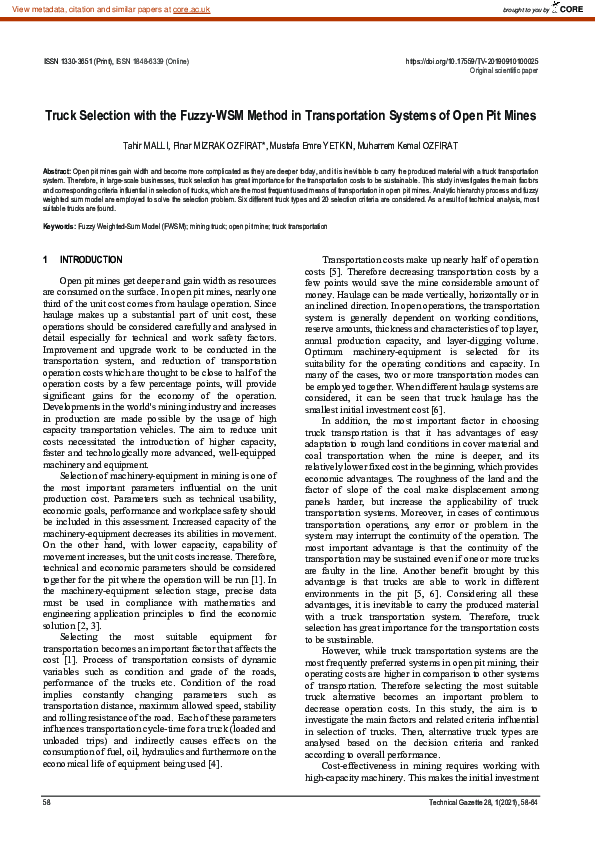 (PDF) Truck Selection with the Fuzzy-WSM Method in Transportation Systems of Open Pit Mines