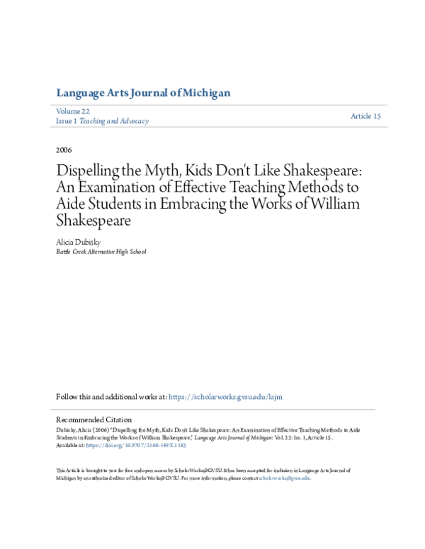 (PDF) Dispelling the Myth, Kids Don't Like Shakespeare: An Examination ...