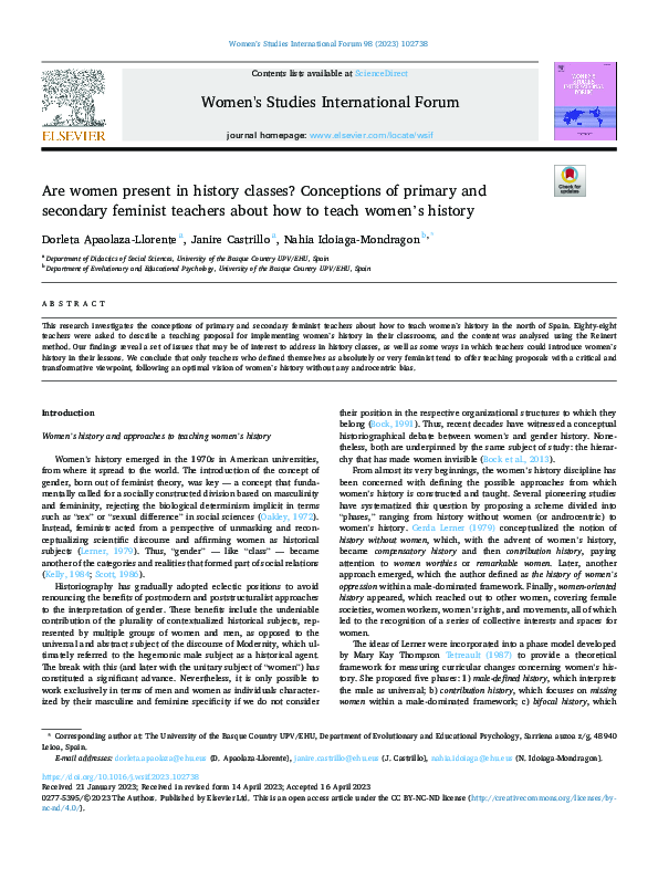 (PDF) Are women present in history classes? Conceptions of primary and ...