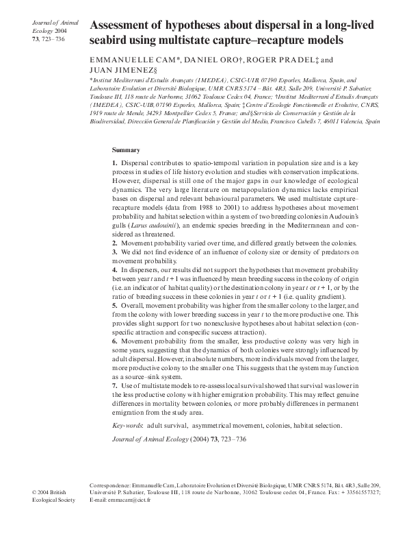 Pdf Assessment Of Hypotheses About Dispersal In A Long Lived Seabird