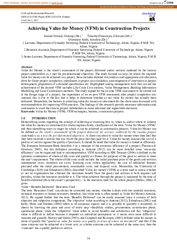 (PDF) Achieving Value for Money (VFM) in Construction Projects