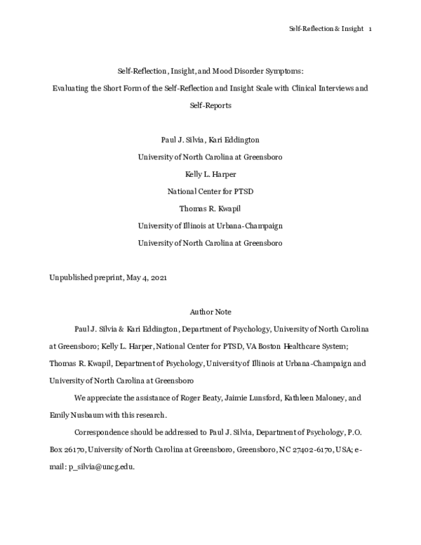 (PDF) Self-reflection, insight, and mood disorder symptoms: Evaluating ...