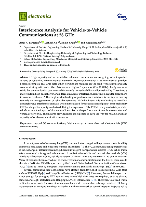 (PDF) Interference Analysis for Vehicle-to-Vehicle Communications at 28 GHz