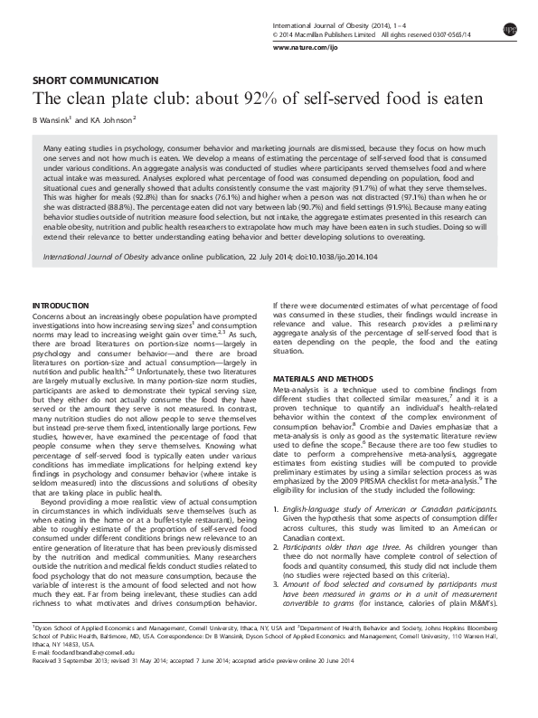 (PDF) The clean plate club: about 92% of self-served food is eaten