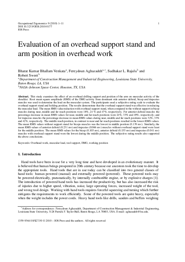 (PDF) Evaluation of an overhead support stand and arm position in overhead work