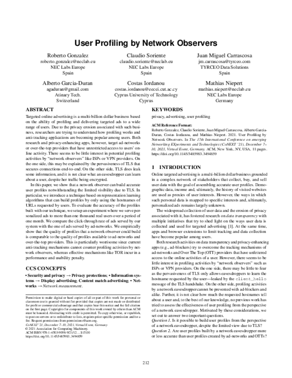Pdf User Profiling By Network Observers