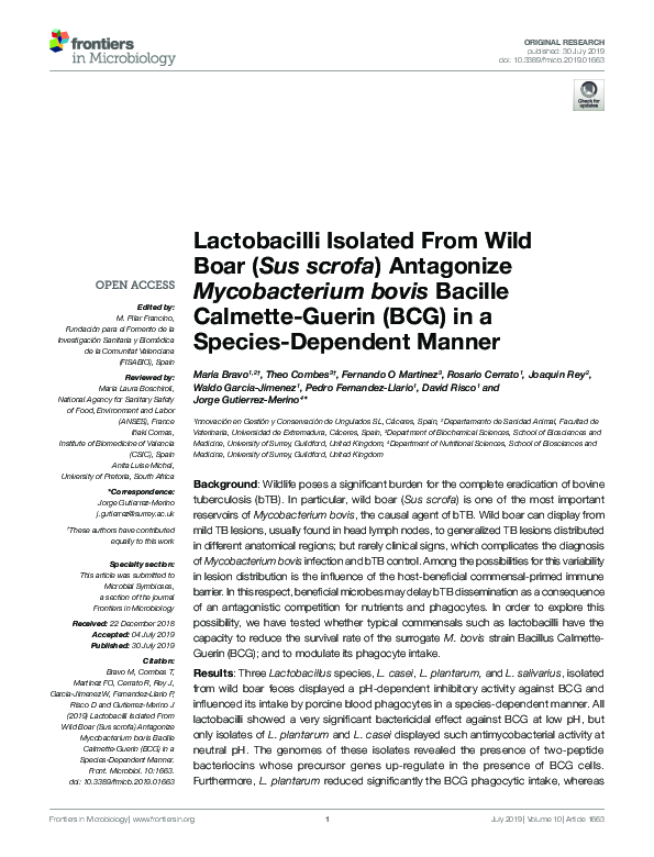 (PDF) Lactobacilli Isolated From Wild Boar (Sus scrofa) Antagonize Mycobacterium bovis Bacille ...