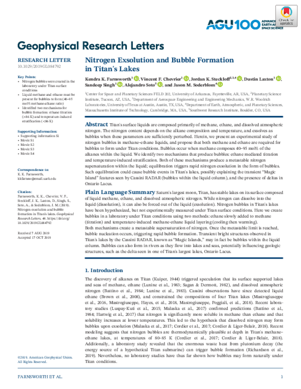 (PDF) Nitrogen Exsolution and Bubble Formation in Titan's Lakes