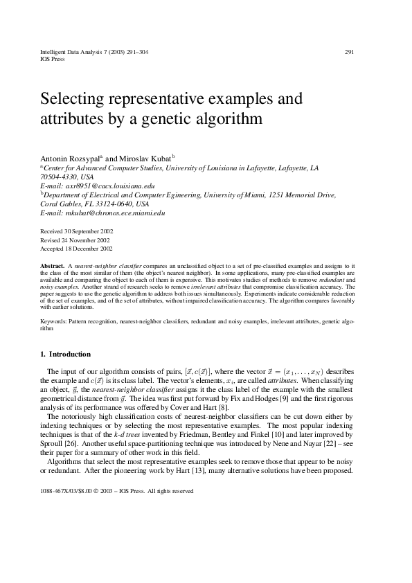 (PDF) Selecting representative examples and attributes by a genetic ...