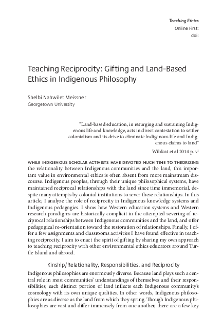(PDF) Teaching Reciprocity: Gifting and Land-Based Ethics in Indigenous ...