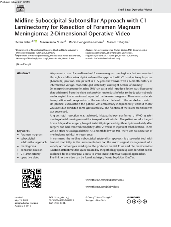 (PDF) Midline Suboccipital Subtonsillar Approach with C1 Laminectomy ...