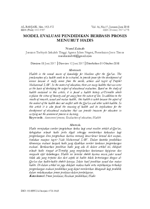 (PDF) Model Evaluasi Pendidikan Berbasis Proses Menurut Hadits