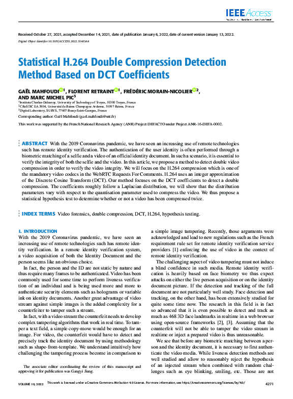 Pdf Statistical H264 Double Compression Detection Method Based On