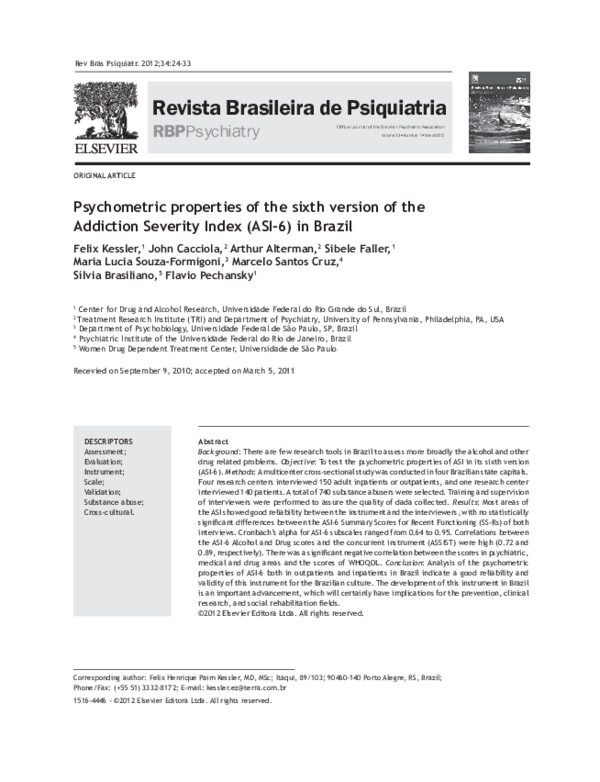 (PDF) Psychometric properties of the sixth version of the Addiction Severity Index (ASI-6) in ...
