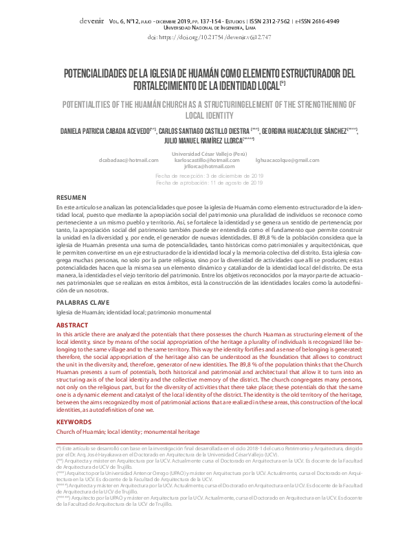 (PDF) Potencialidades de la Iglesia Huamán como elemento estructurador del fortalecimiento de la ...