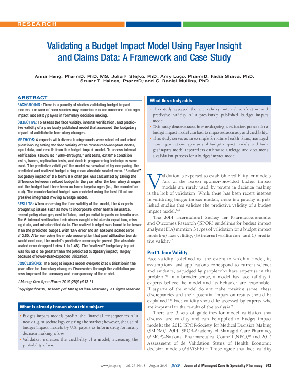 (PDF) Validating a Budget Impact Model Using Payer Insight and Claims Data: A Framework and Case ...