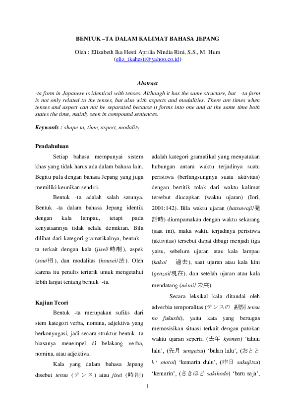 (PDF) Bentuk –Ta Dalam Kalimat Bahasa Jepang