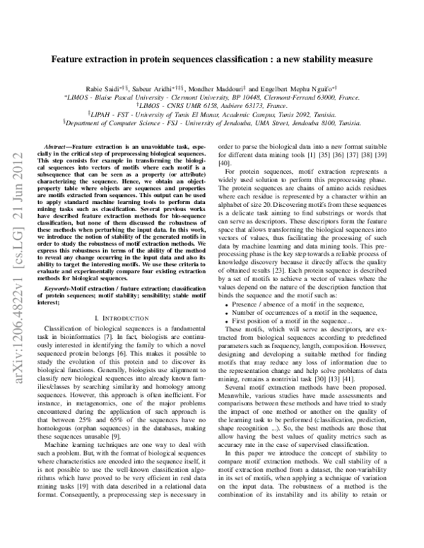 (PDF) Feature extraction in protein sequences classification (PDF) Feature extraction in protein sequences classification