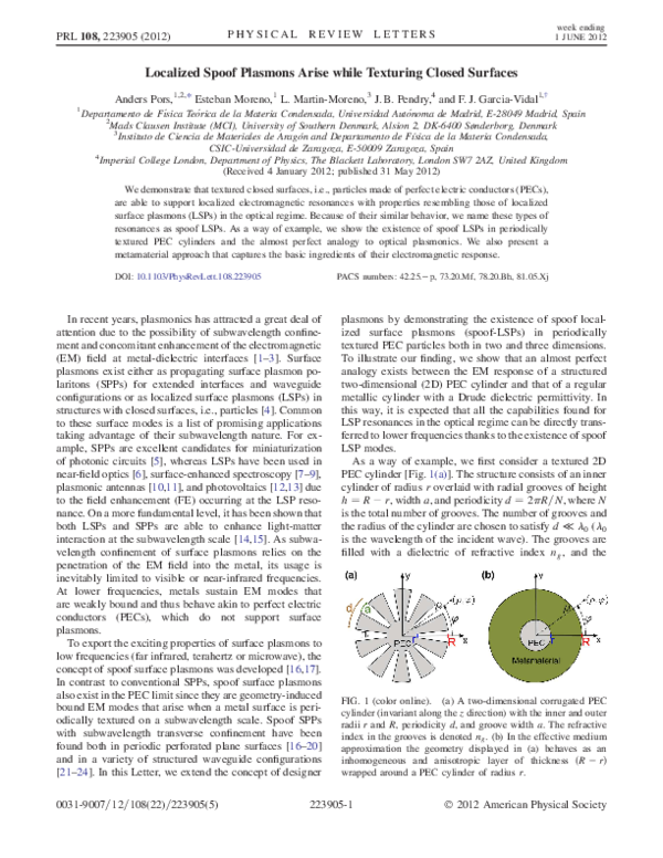 (PDF) Localized Spoof Plasmons Arise while Texturing Closed Surfaces
