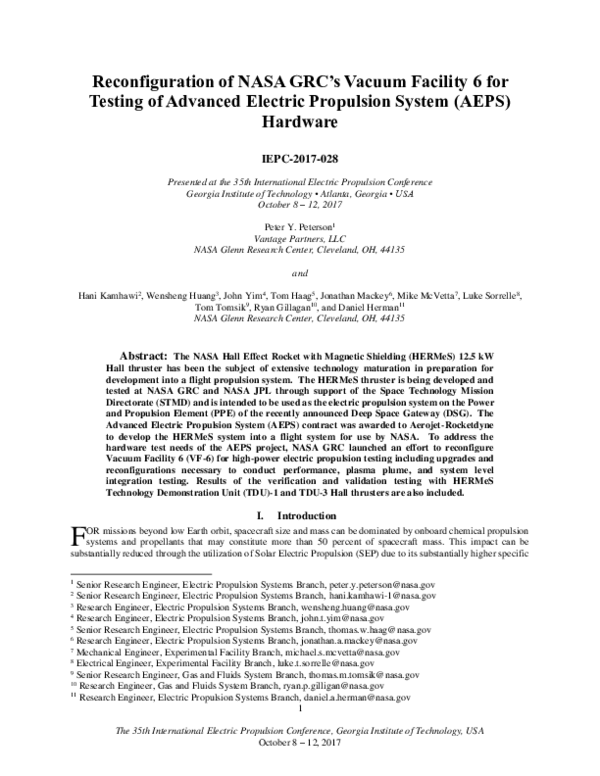 (PDF) Reconfiguration of NASA GRC's Vacuum Facility 6 for Testing of ...