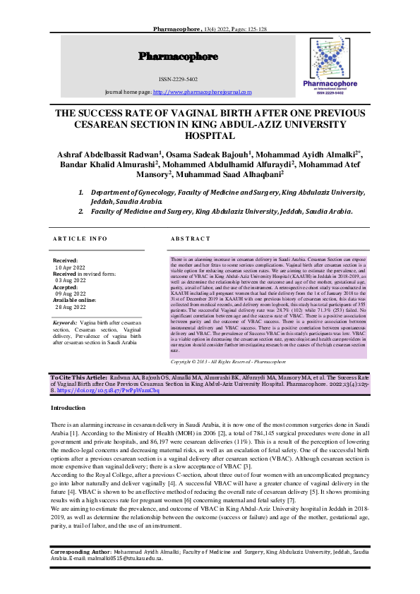 (PDF) The Success Rate of Vaginal Birth after One Previous Cesarean ...