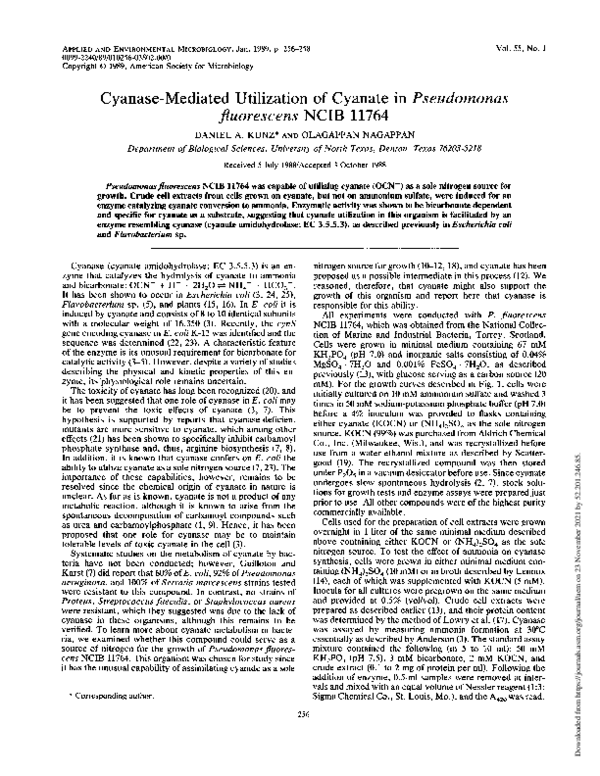 (PDF) Cyanase-mediated utilization of cyanate in Pseudomonas ...