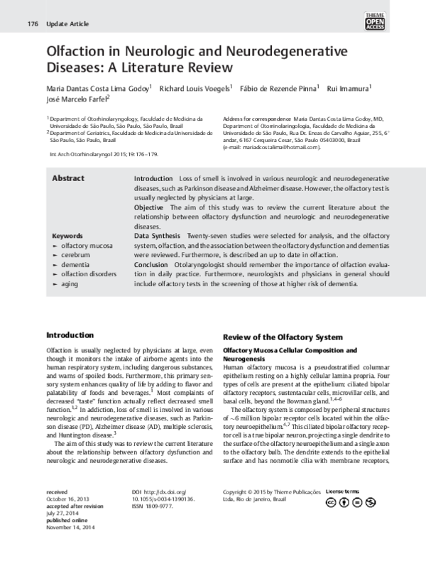 (PDF) Olfaction in Neurologic and Neurodegenerative Diseases: A Literature Review