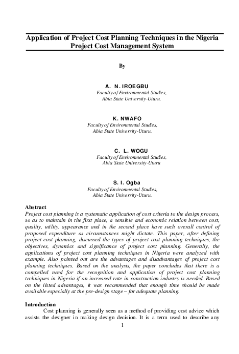 (PDF) Application of Project Cost Planning Techniques in the Nigeria ...
