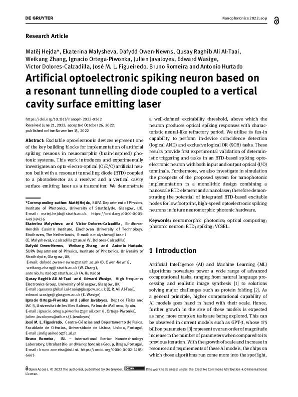 (PDF) Artificial optoelectronic spiking neuron based on a resonant tunnelling diode coupled to a ...