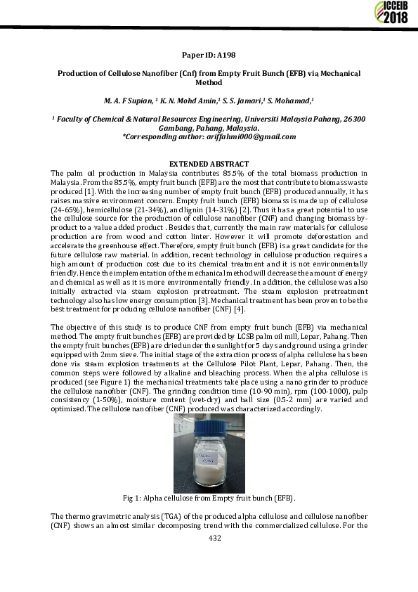 (PDF) Production of cellulose nanofiber (CNF) from empty fruit bunch ...