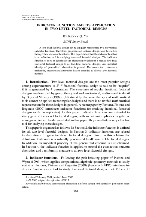 Pdf Indicator Function And Its Application In Two Level Factorial Designs