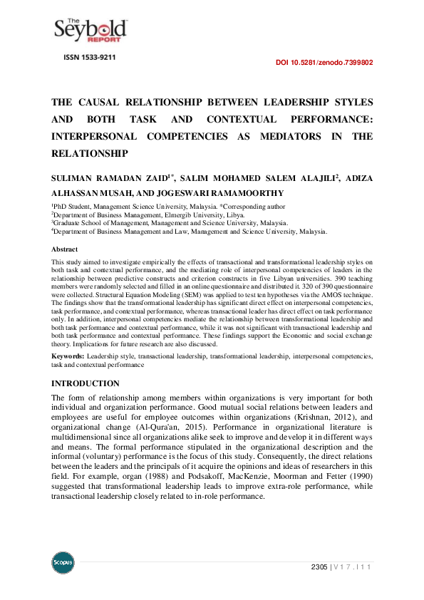 (PDF) The Causal Relationship Between Leadership Styles and Both Task ...