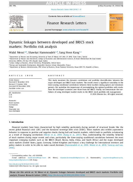 (PDF) Dynamic linkages between developed and BRICS stock markets: Portfolio risk analysis