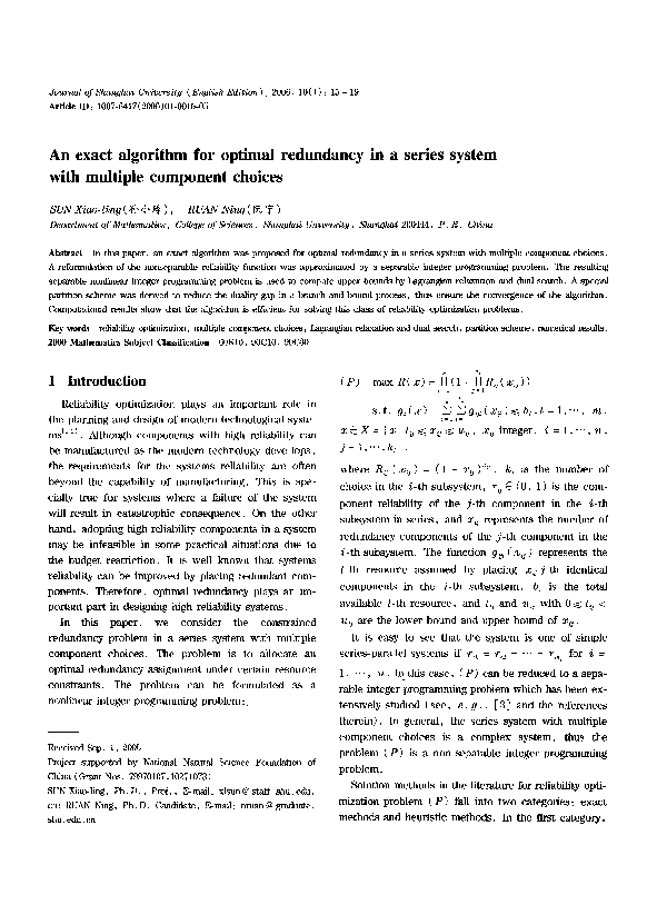 (PDF) An exact algorithm for optimal redundancy in a series system with multiple component choices