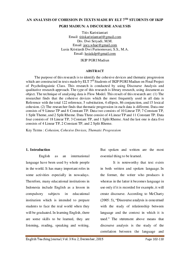 (PDF) An Analysis of Cohesion in Texts Made by Elt 7TH Students of Ikip ...