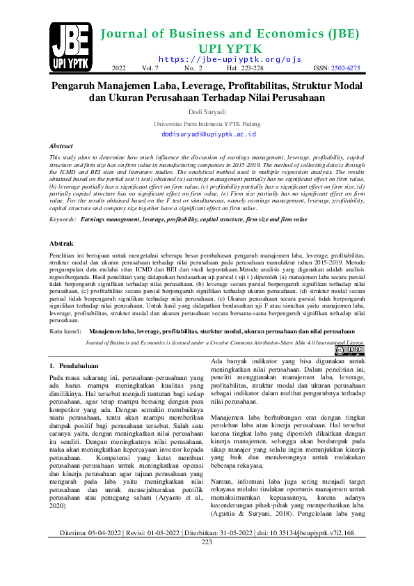 (PDF) Pengaruh Manajemen Laba, Leverage, Profitabilitas, Struktur Modal dan Ukuran Perusahaan ...