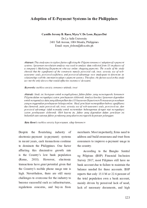 (PDF) Adoption of E-Payment Systems in the Philippines