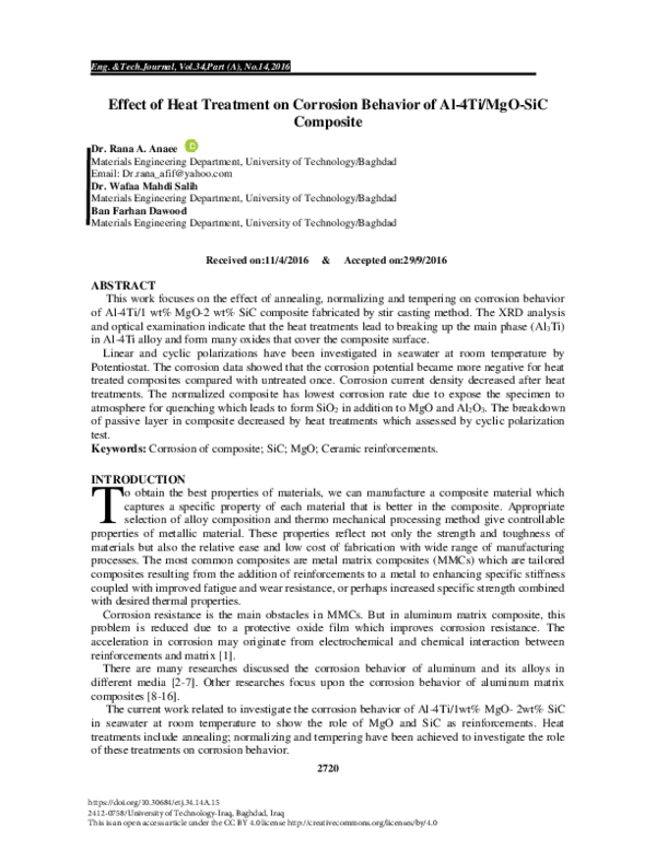 (PDF) Effect of Heat Treatment on Corrosion Behavior of Al-4Ti/MgO-SiC Composite