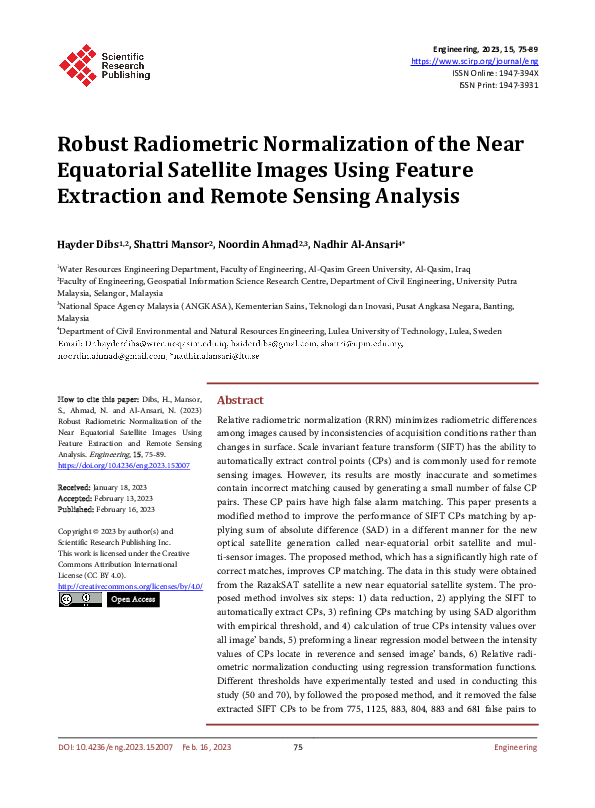 (PDF) Robust Radiometric Normalization of the Near Equatorial Satellite Images Using Feature ...