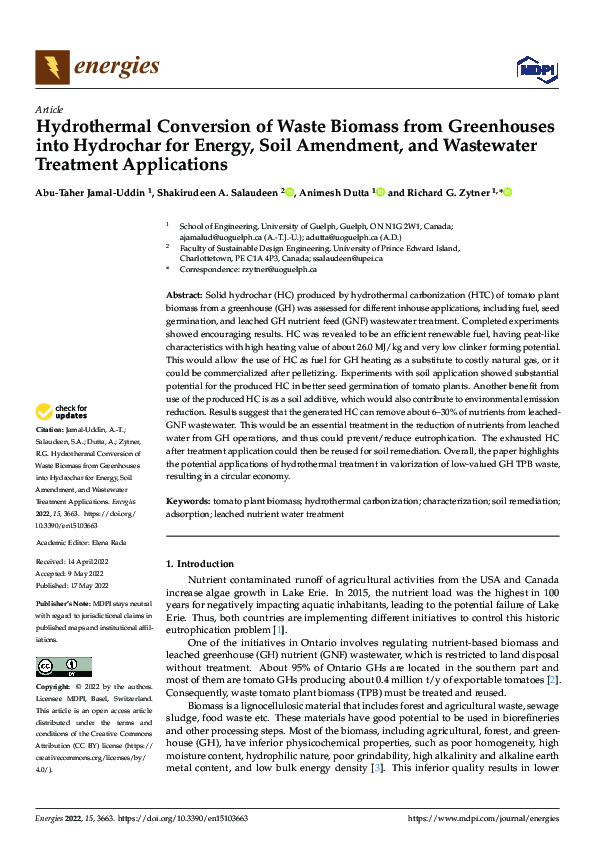 (PDF) Hydrothermal Conversion of Waste Biomass from Greenhouses into Hydrochar for Energy, Soil ...